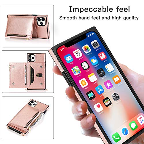 LUVI Compatible with iPhone 12 Pro Max Wallet Case with Crossbody Neck Strap Lanyard Purse Handbag Shoulder Strap Cover with PU Leather Credit ID Card Holder Kickstand Stand Protection Case Rose Gold
