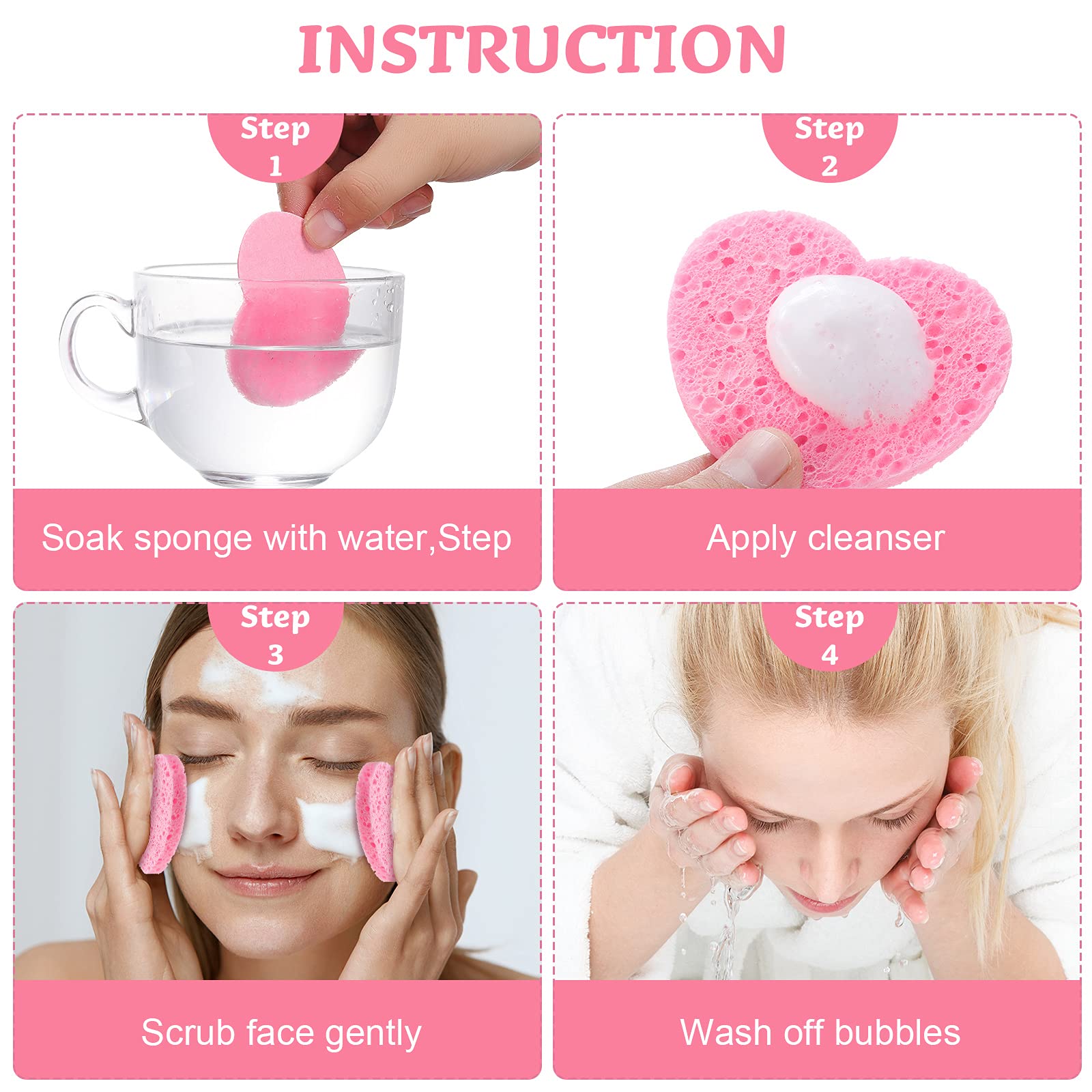 Patelai 50 Count Heart Compressed Facial Sponges Valentine's Day Pink Pads for Face Cleansing Exfoliating Makeup Remover Skincare Travel Home