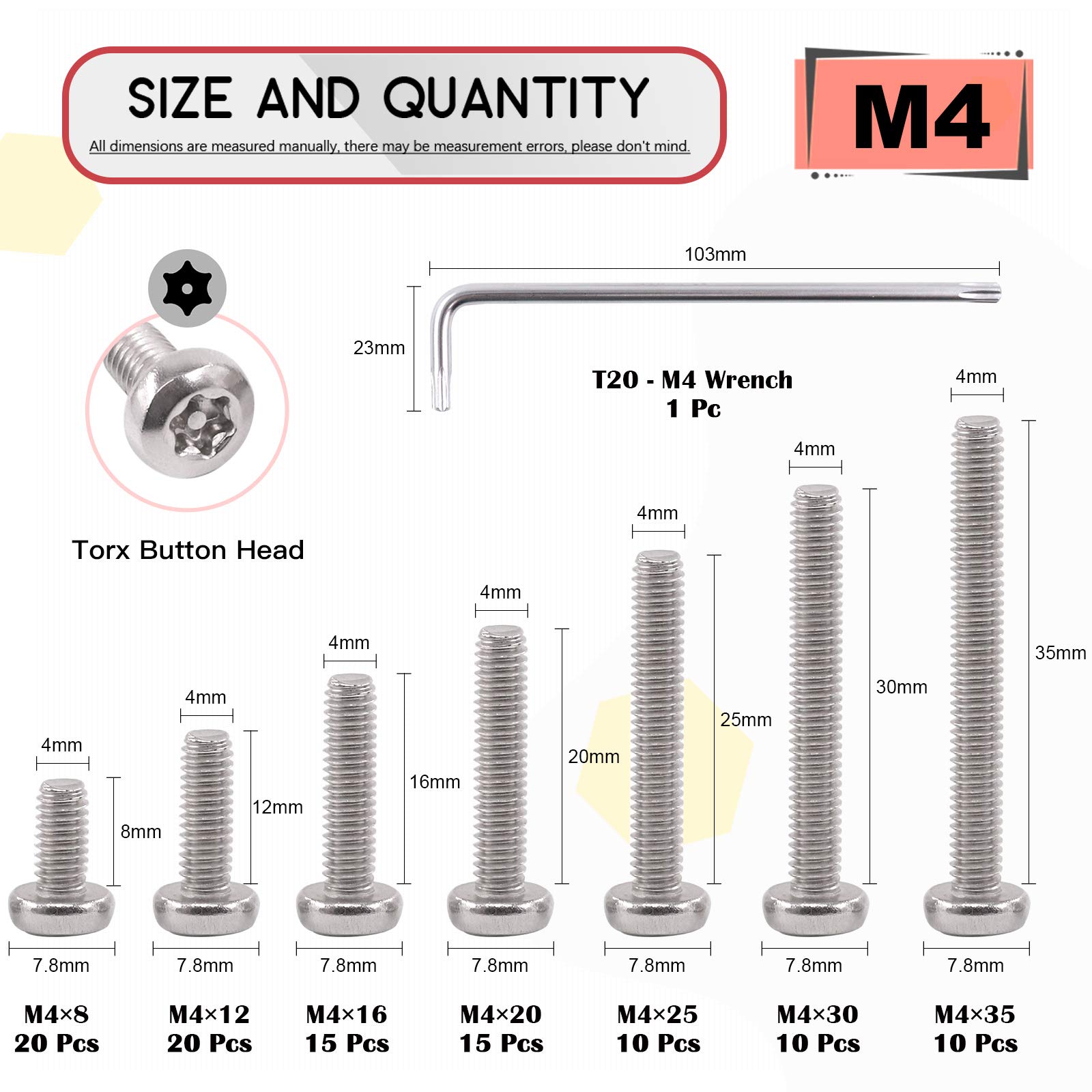Hilitchi 100Pcs 7Sizes M4 Button Head Torx Security Screws Stainless Steel Tamper Proof Screws w T20 Bit, M4x8/12/16/20/25/30/35(Assortment Kit)