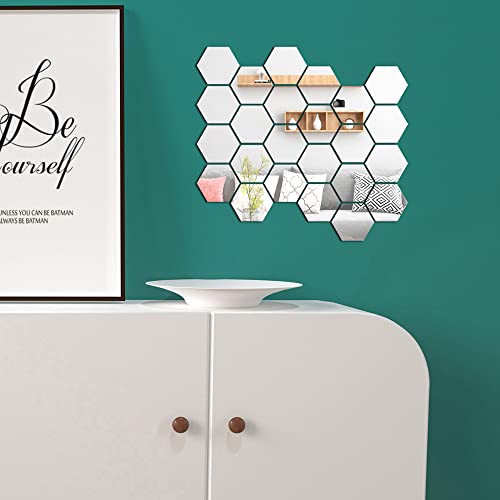 FUNCSDIK Hexagon Mirror Wall Sticker 12 Pieces Acrylic Mirror Three-Dimensional Wall Stickers for Living Room Entrance Hallway Stairs Personalized Decorative Mirror Stickers (Hexagon Mirror)