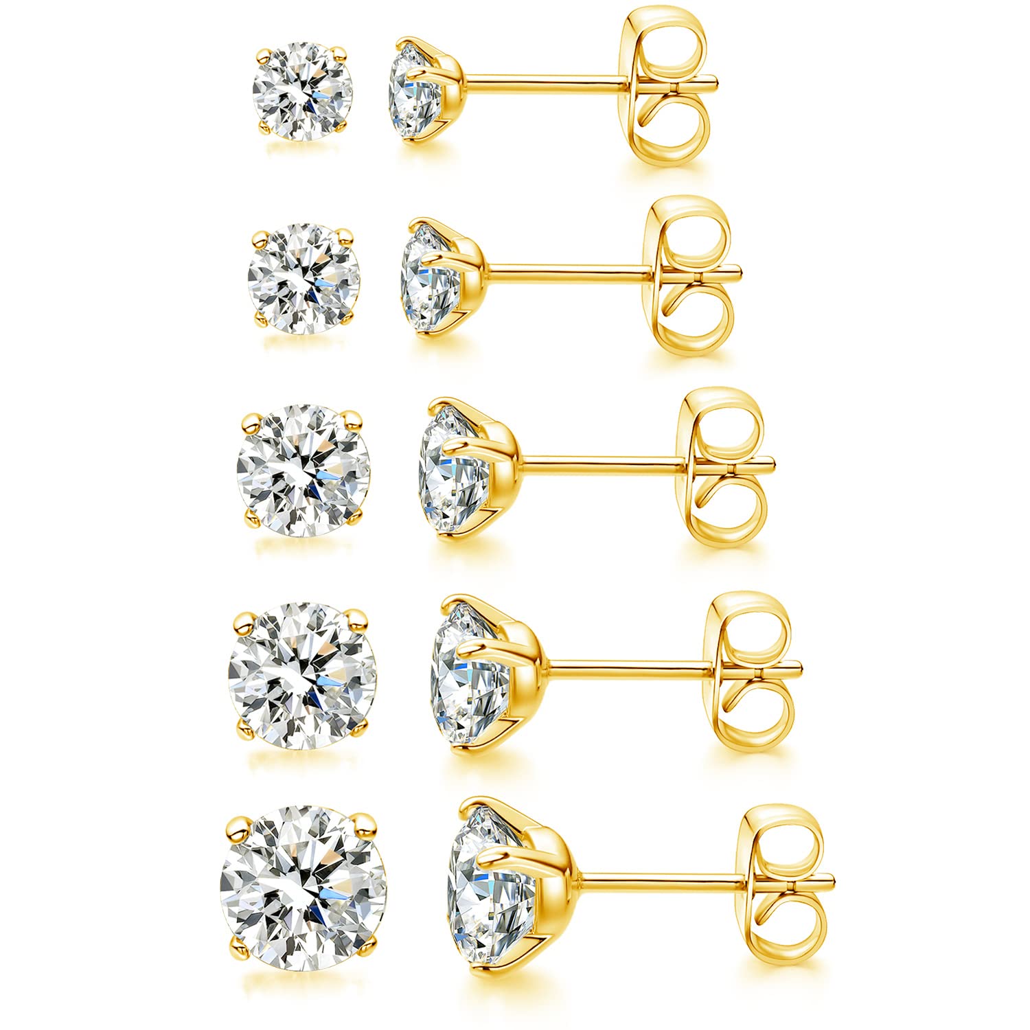18K White Gold Plated Round Cut Cubic Zirconia Stud Earrings Sets for Women and Men 5 Pairs 3-7mm