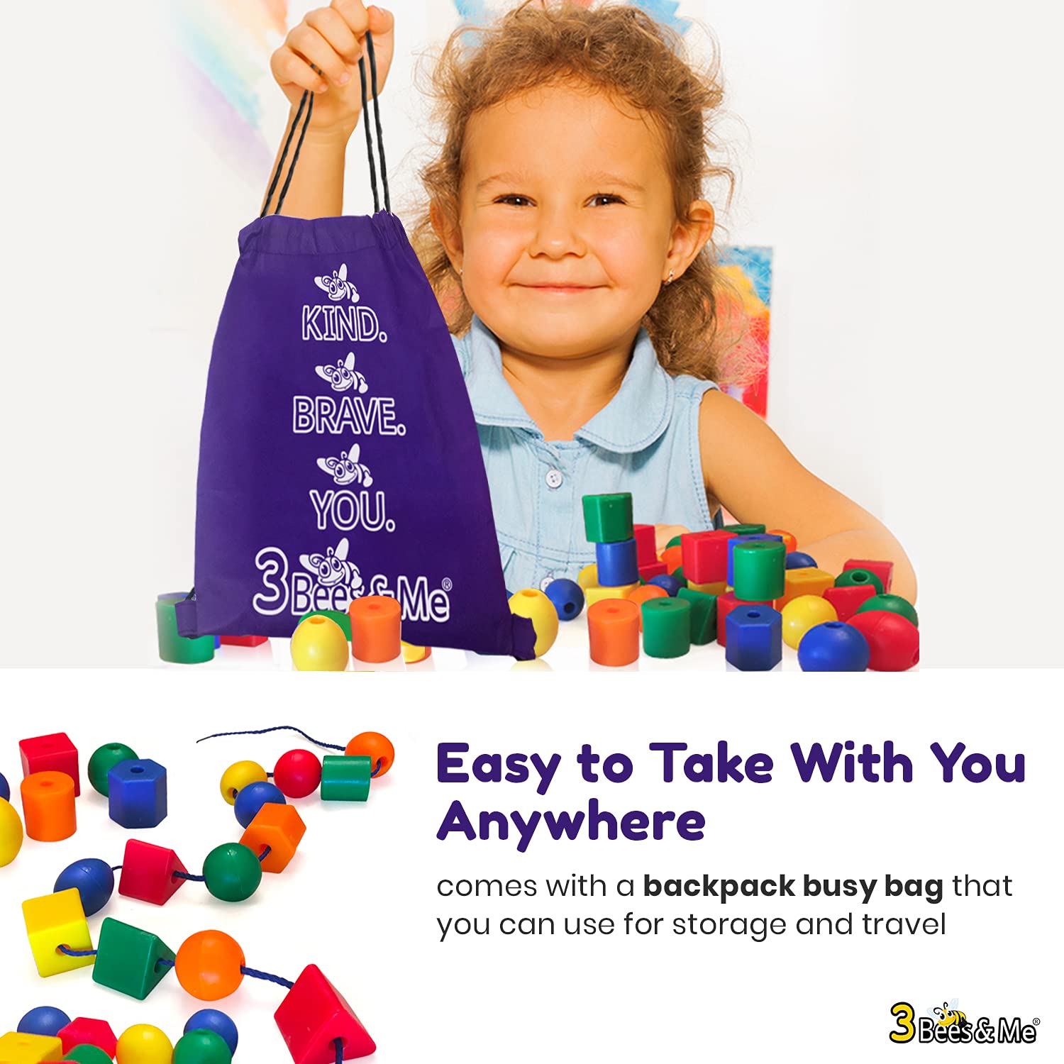 3 Bees & Me Jumbo Lacing Beads - Threading Toys for Toddlers & Kids Ages 3-5 - Fine Motor Preschool Activity with 50 Large Beads & Strings
