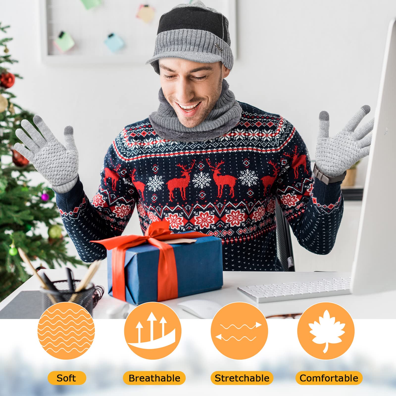 12 Pcs Winter Hat Scarf Gloves Set Winter Slouchy Skull Cap Knit Hats Winter Touch Screen Gloves Neck Warmer (Stylish)