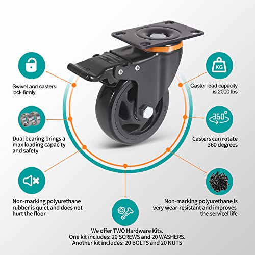 4 Inch Caster Wheels, Casters Set of 4 Heavy Duty with Brake, Polyurethane Foam No Noise Wheels, Safety Dual Locking Plate Industrial Casters, Loading 2000lbs (Two Sets Hardward Kits)