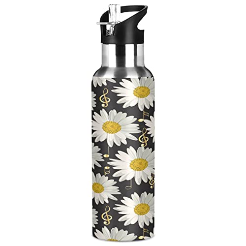 ALAZA Flower Music Note Water Bottle with Straw Lid Vacuum Insulated Stainless Steel Thermo Flask Water Bottle 20oz