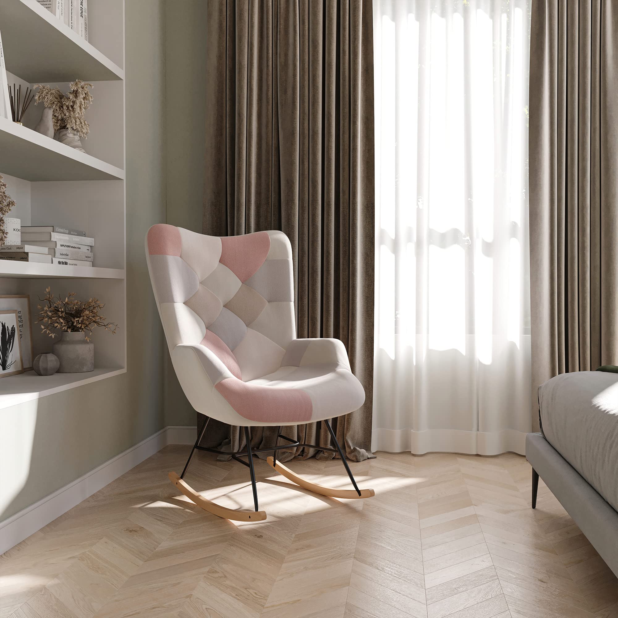 BELLEZE Colorful Patchwork Rocking Chair, Widen Nursery Rocking Chairs Comfy Linen Upholstered Glider Rocker with Solid Wood Legs for Living Room Bedroom Nursery - Paramount (Patchwork B)