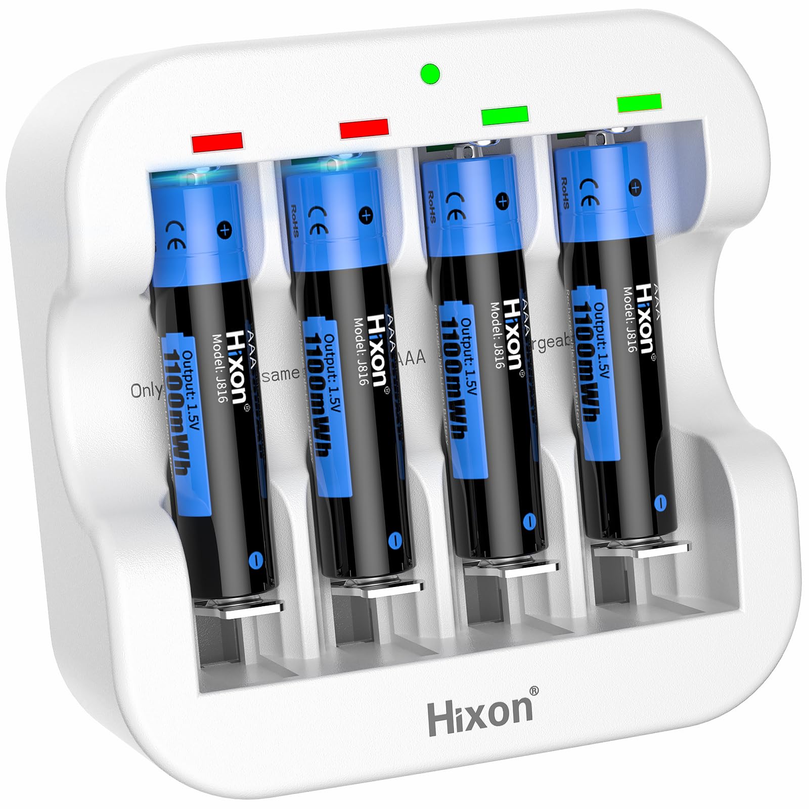 Hixon 1.5V AAA Rechargeable Lithium Batteries,4-Pack 1100mWh Pre-Charged Triple AAA Li-ion Battery & 1H Ultra Fast Charger for Home and Office Device,1600 Cycles,Constant Output.