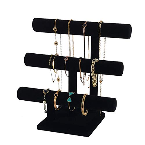 7TH VELVET 3 Tier Bracelet Holder,Bracelet Display Stand, Bracelet Organizer, Black Velvet T-Bar Table Top Jewelry Holder, Thin Roll