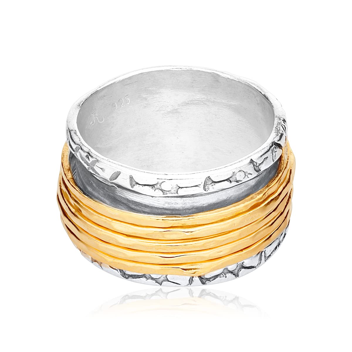 925 Sterling Silver Rotating Spinner Ring with 5 One Micron 14K Gold Plated Sterling Silver Hammered Spinner Rings - Hypoallergenic, Nickel & Lead-free - Artisan Handcrafted Designer Collection