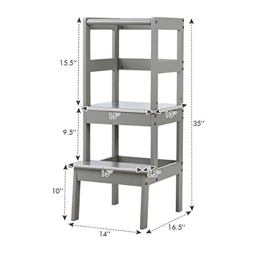 Costzon Kids Kitchen Step Stool with Safety Rail, Wood Standing Tower Learning Stool with Anti-Slip Strips for Children, Toddlers Kitchen Counter Helper Stool for Bathroom