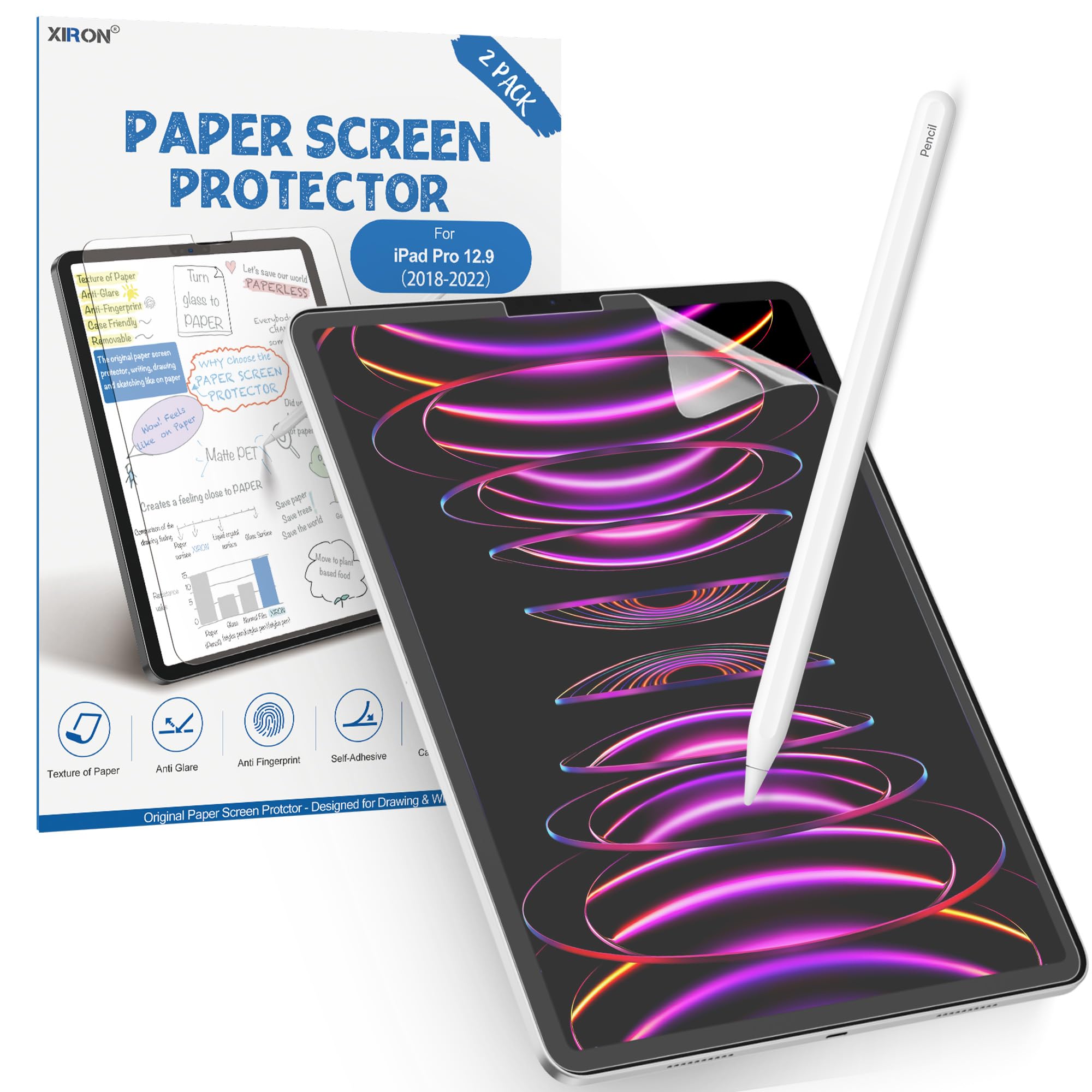 XIRON 2-Pack Paper Screen Protectorfor iPad Pro 12.9 2022/2021/2020 (6th/5th/4th Generation), Matte PET Film for iPad Pro 12.9, Write and Draw Like on Paper, Anti-Glare Screen Protector