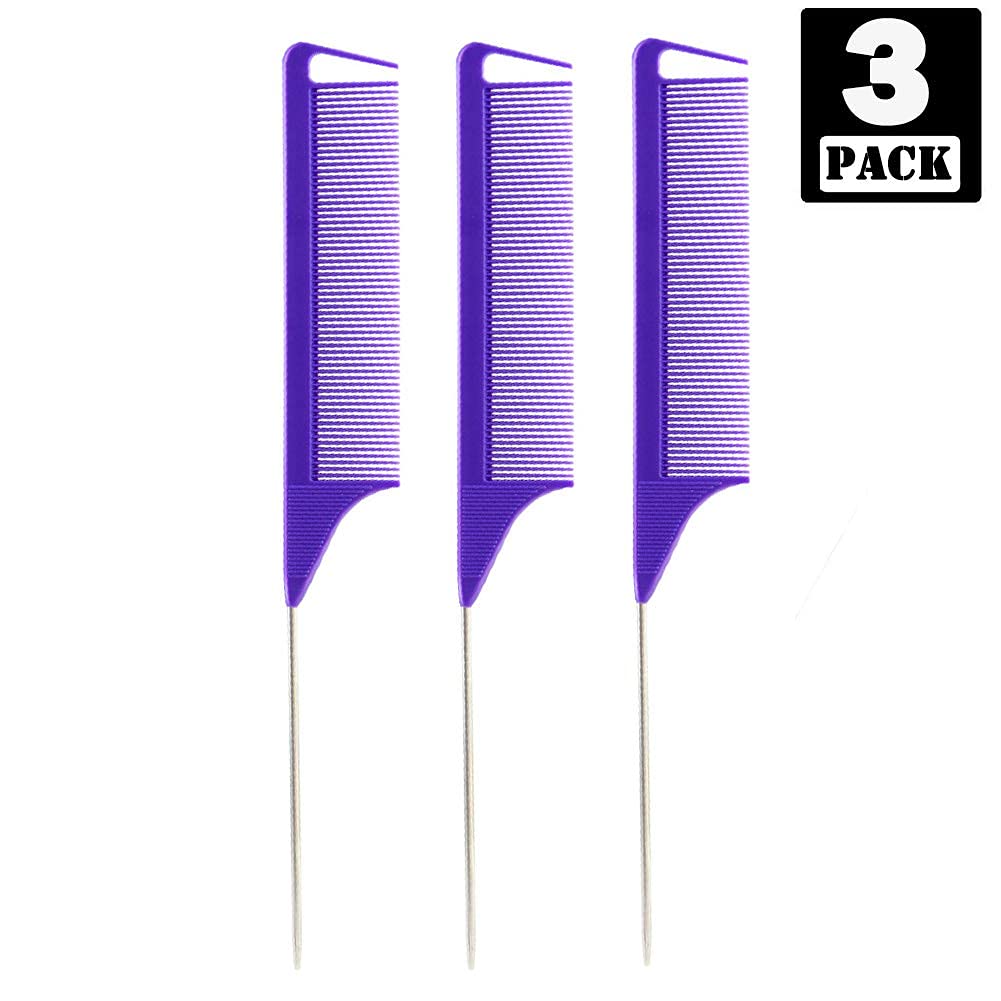 Generic 3 Pack Rat Tail Comb Steel Pin Carbon Fiber Heat Resistant Parting Combs with Stainless Steel Pintail Purple