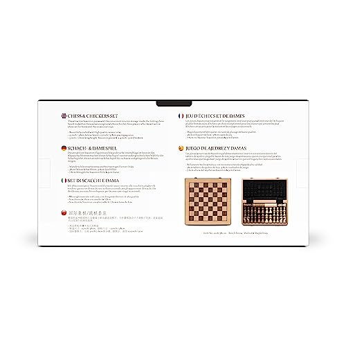 A&A 15 inch Wooden Folding Chess & Checkers Set w/ 3 inch King Height Staunton Chess Pieces / 2 Extra Queens - Beech Box w/Maple & Walnut Inlay