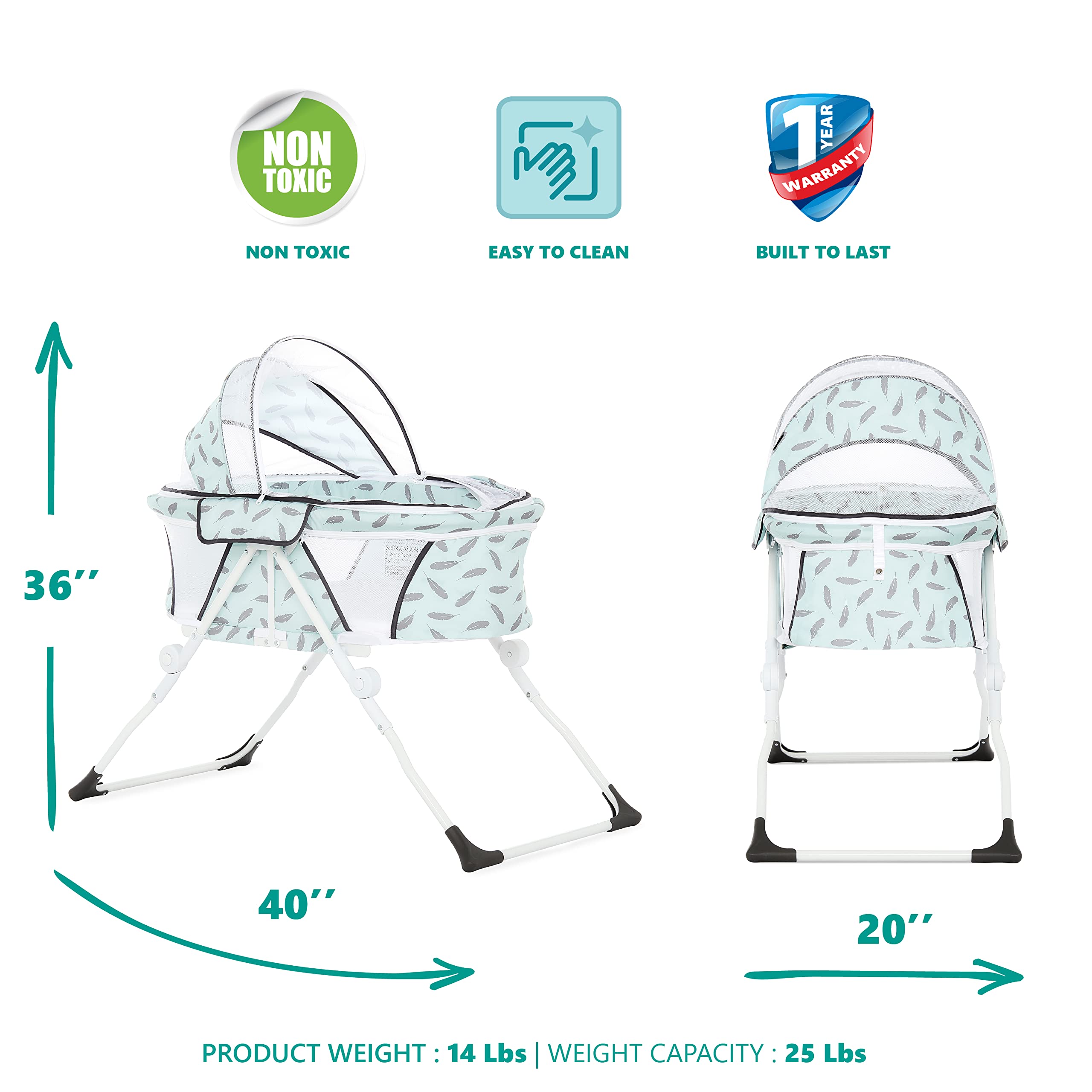 Dream On Me Karley Plus Baby Bassinet, Lightweight Compact Portable Bassinet, Easy and Quick Fold with Removable Double Canopy, Breathable Mesh Design, Ice Blue