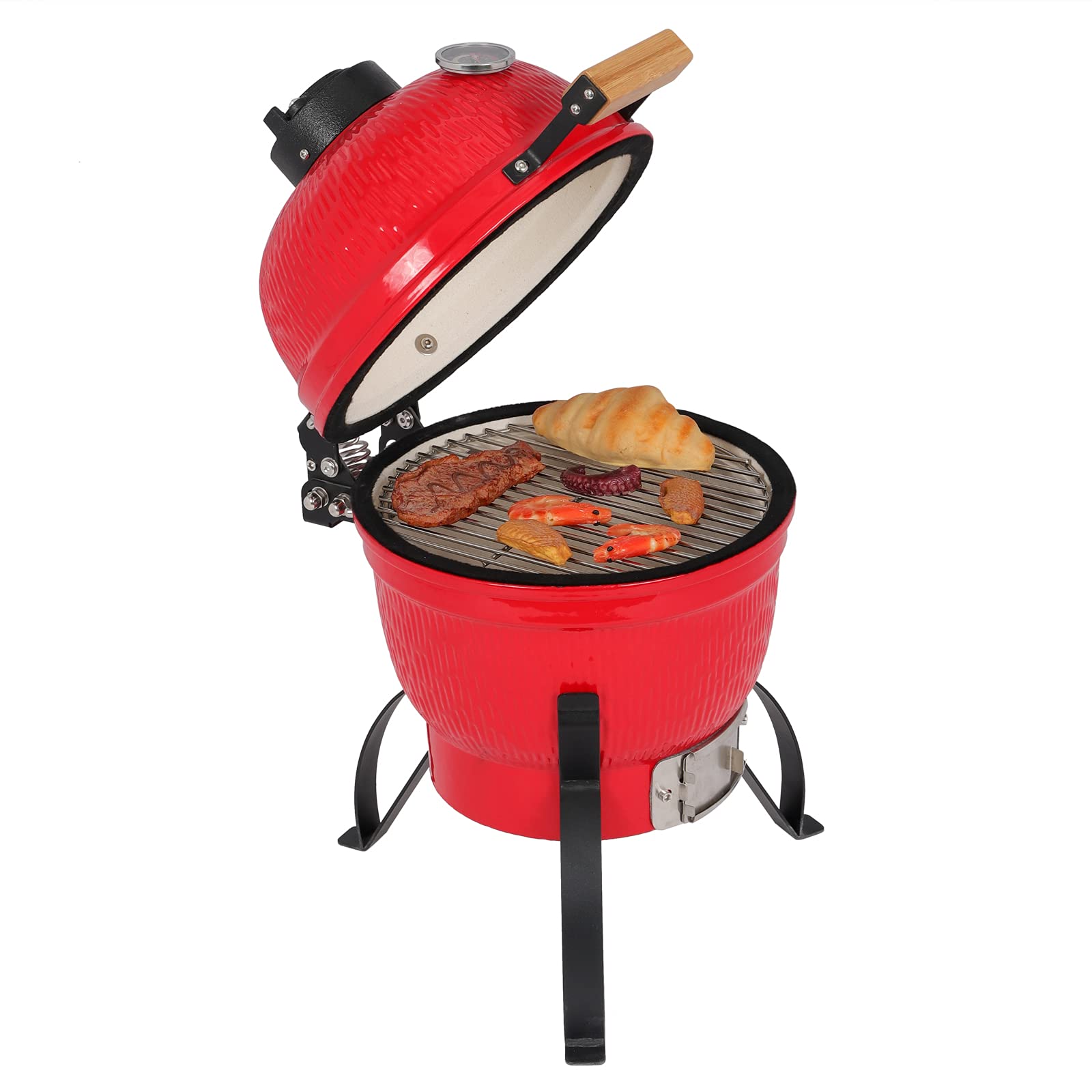 13 Inch Ceramic Charcoal Grill, Portable Charcoal Grill Barbecue Grill, Roaster and Smoker, Small Grill Round Grill with bamboo handle, double display thermometer, Outdoor Mini Egg Style (Orange)