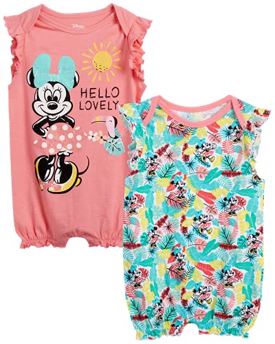 Disney Baby Girls Romper - 2 Pack Ruffled Short Sleeve Baby Jumpsuit Romper - Cozy Baby Clothes for Girls (Newborn/Infant), Size 24M, Minnie Pink Hello Lovely