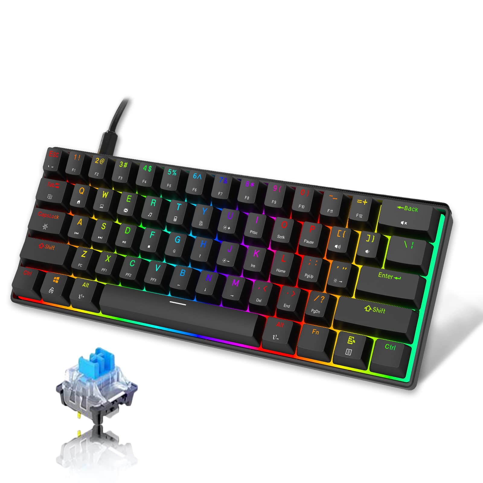 60% Mechanical Gaming Keyboard Wired 60 Percent Keyboard with LED RGB Rainbow Backlit Blue Switch for Windows PC Gaming (61 Keys, Black)