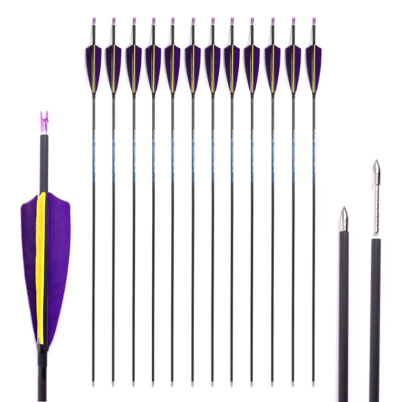 18pc 32inch Pure Carbon Arrows 4"Turkey Feather ID4.2 Spine700 Carbon Arrows Target Practice Arrow for Compound Bow Recurve Bow Arrows Hunting Arrow Replaceable Arrowhead Adult Youth Archery Shooting