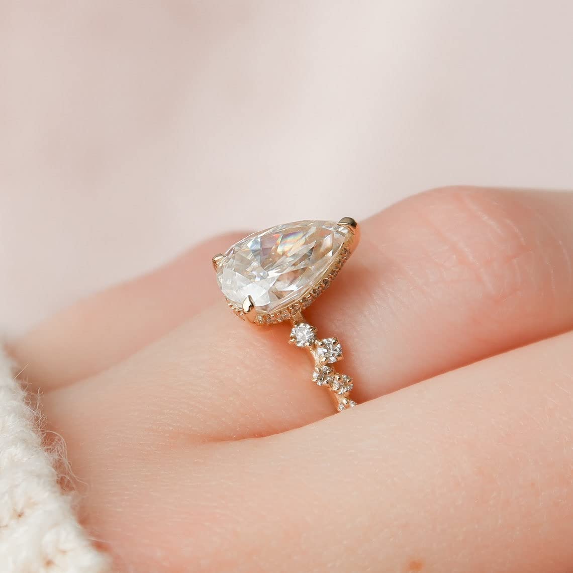 2 CT Pear Shaped Engagement, Minimalist Moissanite Engagement Ring, Scattered Side Stones in 14K Yellow Gold, Ring Size - 7.5
