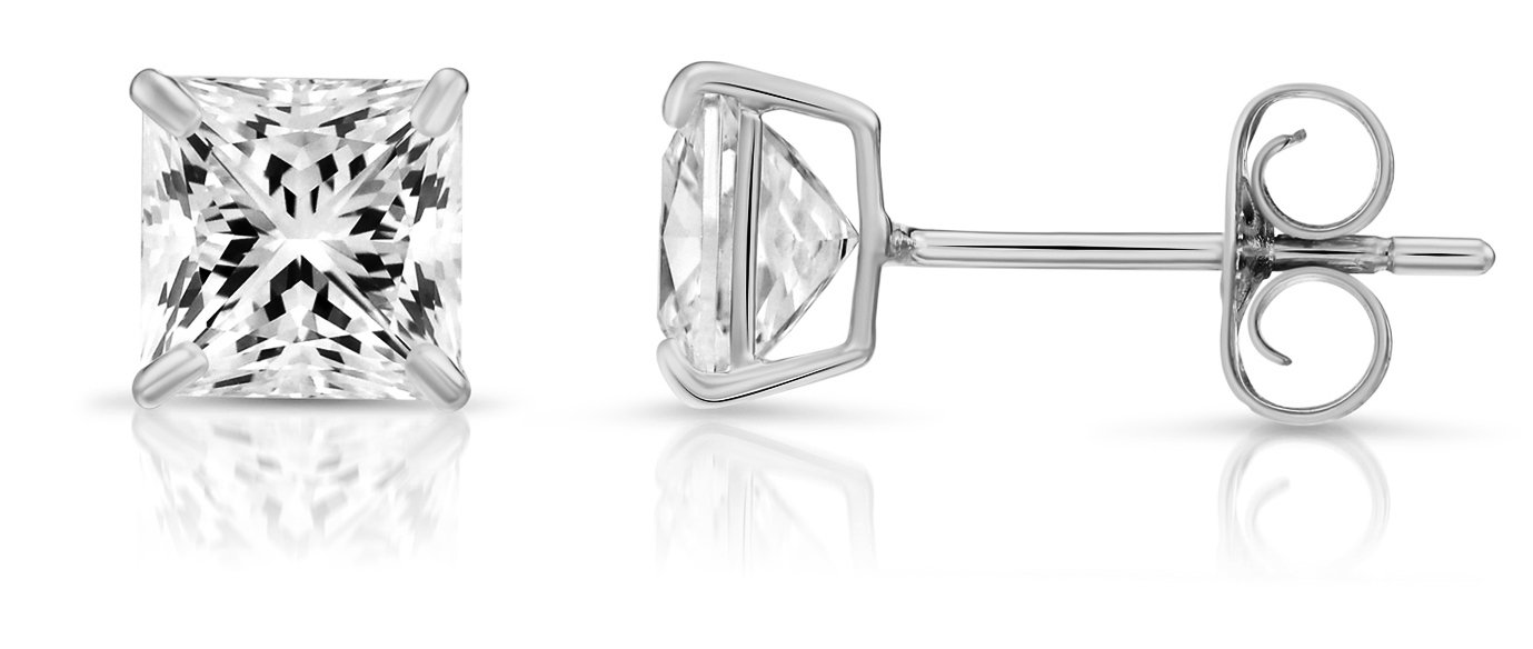 14k Solid Gold PRINCESS Stud Earrings Square Cubic Zirconia Princess-cut CZ Unisex Studs, 14kt White Gold (5mm)