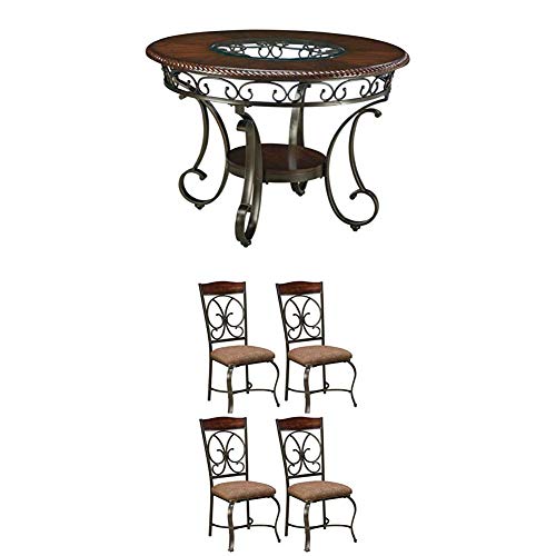 Ashley Furniture Signature Design - Glambrey Dining Room Table - Round - Brown with Glambrey Dining Room Chair Set - Scrolled Metal Accents - Set of 4 - Brown