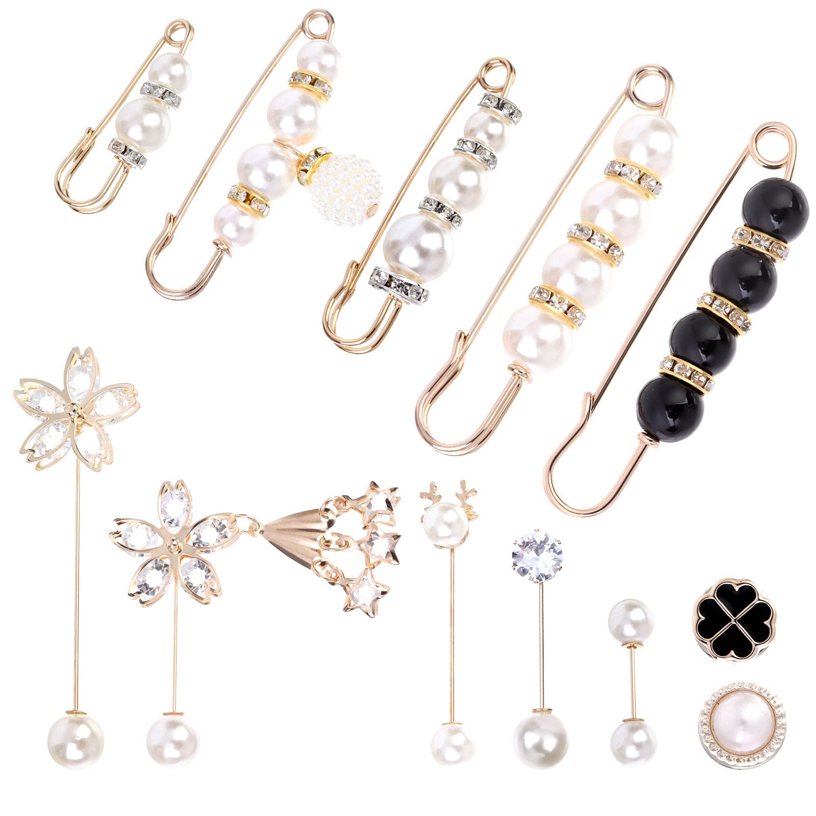 12 Pieces Pearl Scarf Brooch Pin Assorted Muslim Scarf Hijab Clips Small Brooch Set Metal Clips for Headscarf Shawl Muslim Women Scarves Hijab Safety Shawl Brooch Pins for Women Men Kids