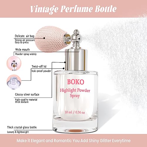 BOKO Highlighter Powder Spray, Cosmetic Grade Body Shimmer Spray High Gloss Diamond Highlight Glitter Magic Powder Makeup Sparkle Glitter Hairspray Rave Accessories for Women Face Paint Hair Clothes