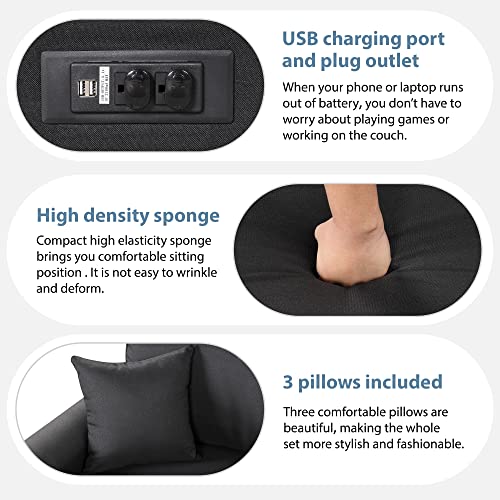 3 in 1 Convertible Sectional Sofa with Pull Out Bed , 87.4" L Shaped Corner Couch with USB Charging Ports & Plug Outlet , Breathable Linen Fabric Conversion Sofabed for Living Room Office Furniture