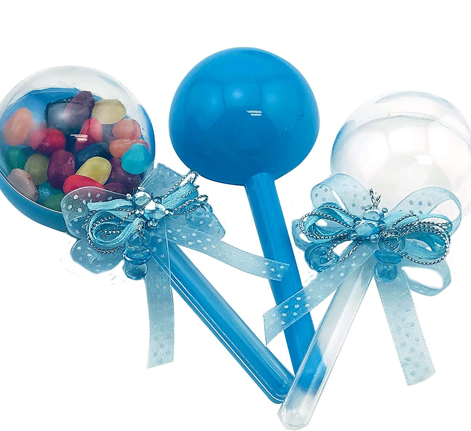 48 Pieces Fillable Baby Rattle Party Favors, Blue with Decorative Bear & Ribbon