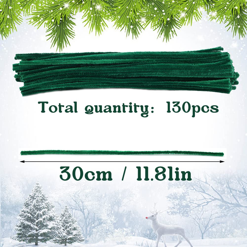 130 PCS Pipe Cleaner Chenille Stem, Green Pipe Cleaner for Crafts Handy Disposable Cleaning Tool - 6mm x 12" for DIY Art Craft Decorations