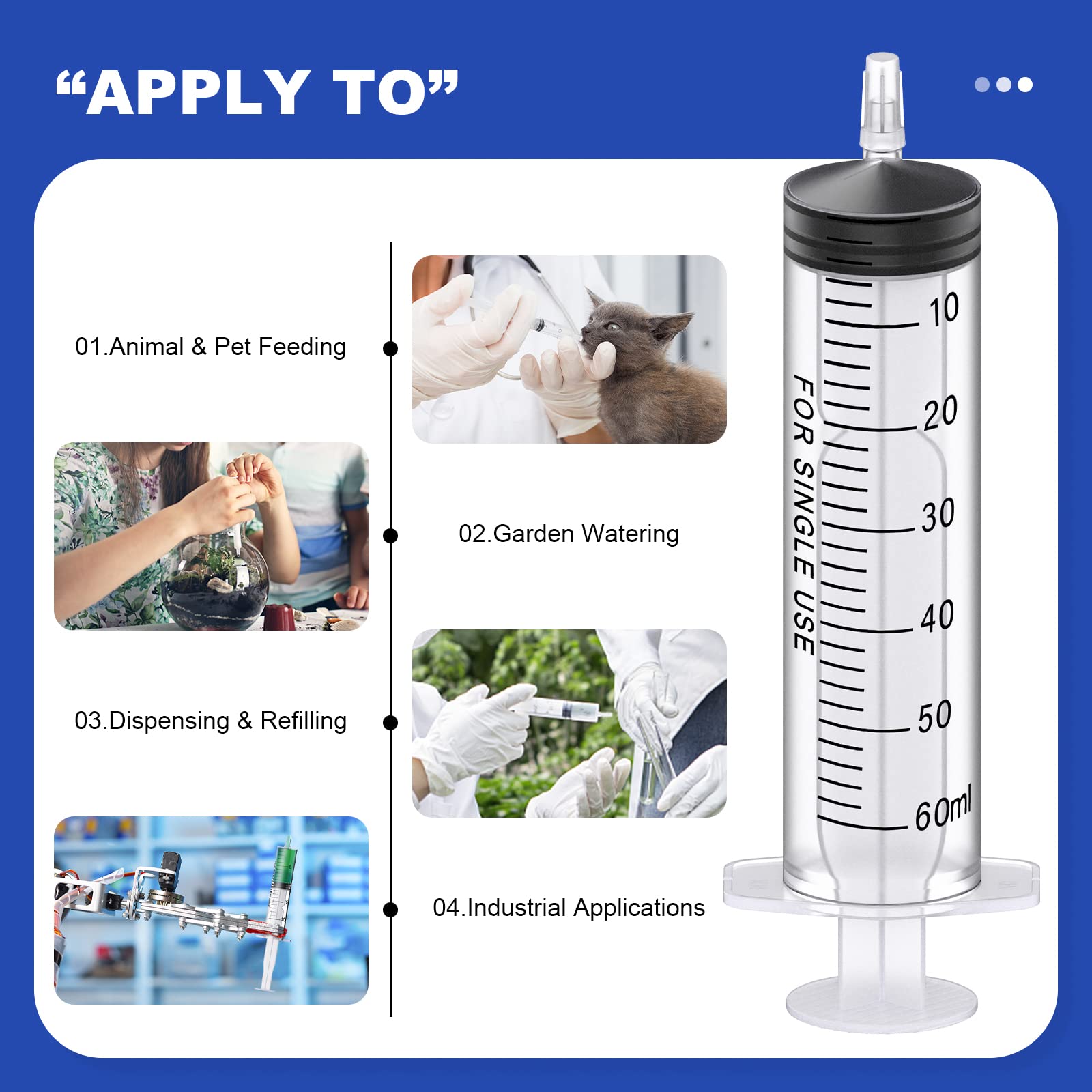 15Pack 60ml Plastic Syringe Sterile Individually Wrapped with Tip Cap & Soft Tube, Measurement and Dispensing Syringe Tools for Science,Refilling,Feeding, Oil or Glue Applicator(60ml, 15)