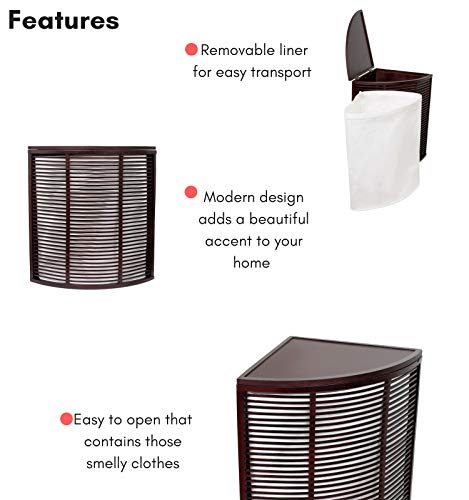 BirdRock Home Compact Corner Laundry Hamper with Lid and Removable Liner - Small - Brown Bamboo - Easily Transport Laundry - Baby Dirty Clothes Bin Sorter Basket - Cut Out Handles