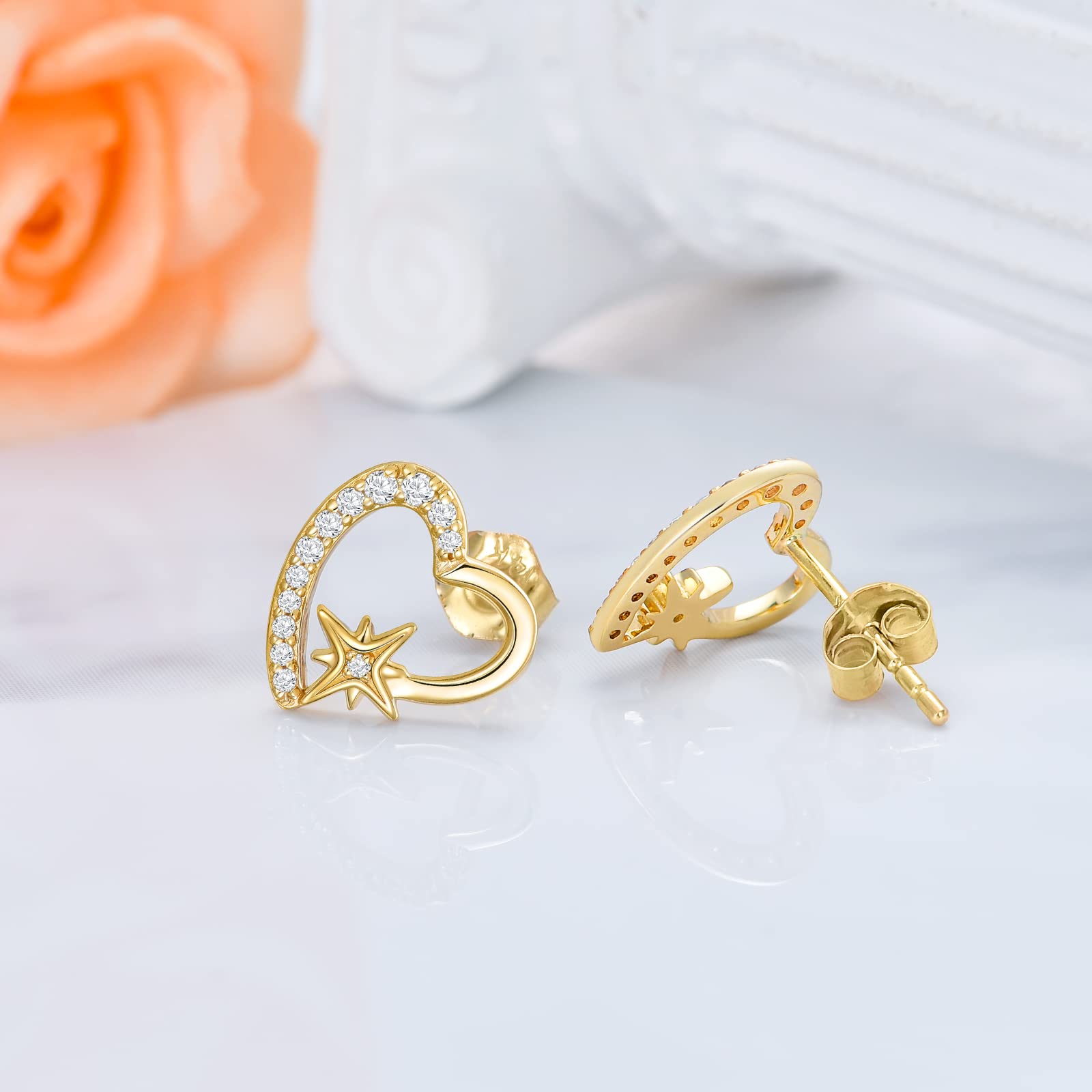 14k Solid Gold Star Heart Earrings for Women Cubic Zirconia Stud Earrings ,Gifts for Valentine's/Anniversary/Mother's Day