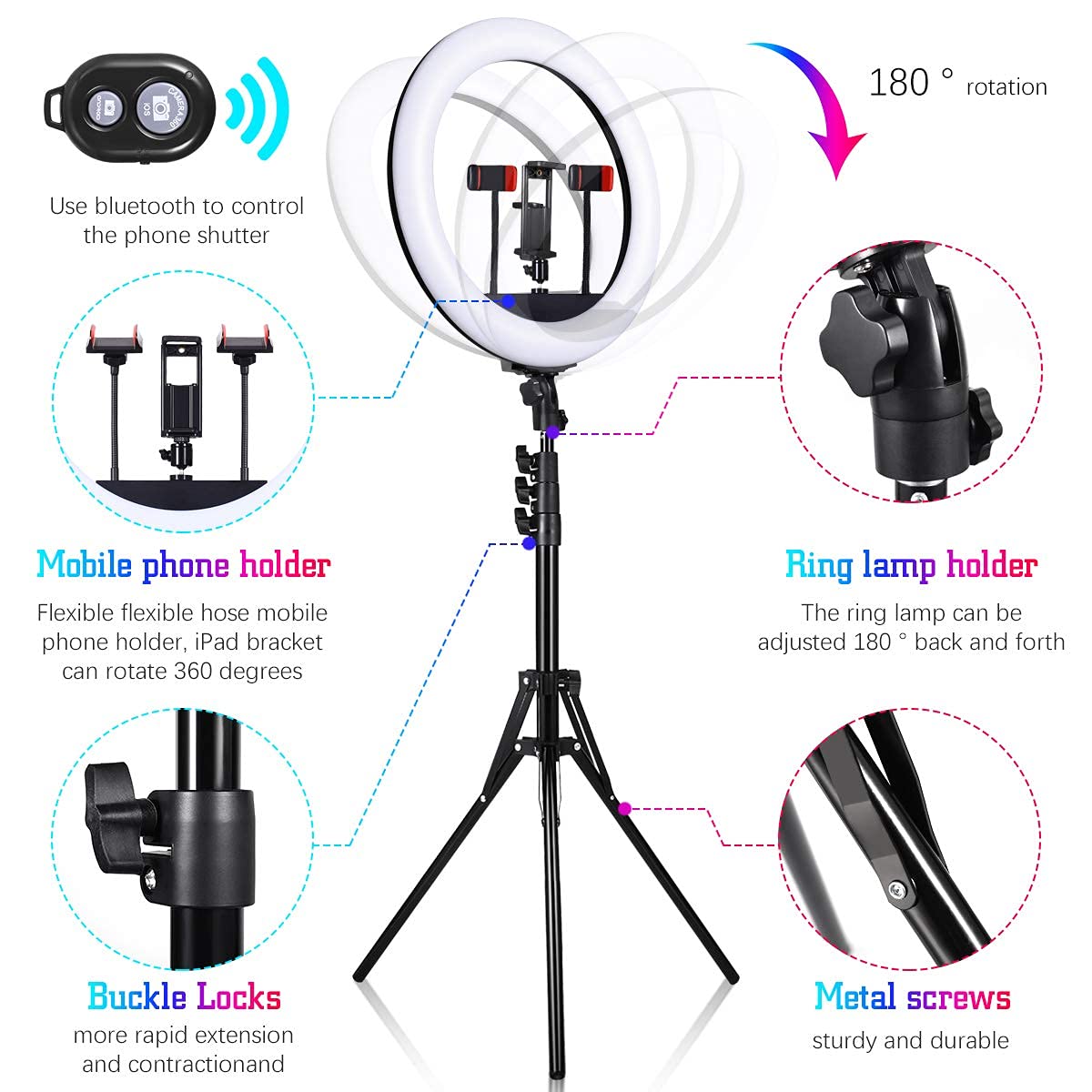 19" Selfie RGB Ring Light with Stand - YUNLIGHTS 11 Colors Modes RGB Dimmable LED Ring Light with Phone & iPad Holder for YouTube|Video|Shooting|Vlogs|Makeup, Compatible with iPhone Android Phone