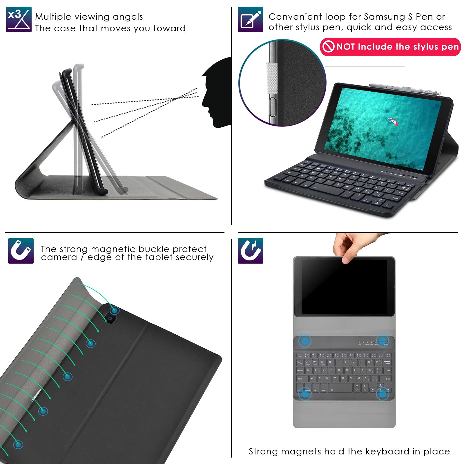 DETUOSI Keyboard Case for Samsung Galaxy Tab A 8.0" 2019 (SM-T290/T295/T297) +Pencil Holder, Detachable Wireless Bluetooth Keyboard Leather Folio Cover for Samsung Galaxy Tab A 8.0" Case with Keyboard