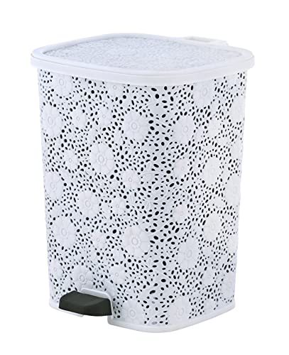 Compact Plastic Step-On Trash Can, Indoor and Outdoor Waste Bin with Foot Pedal, White Decorative Garbage Bin with Lace Design, 12 Qt Small Trash Can for Kitchen, Bathroom, Bedroom, Patio, Yard