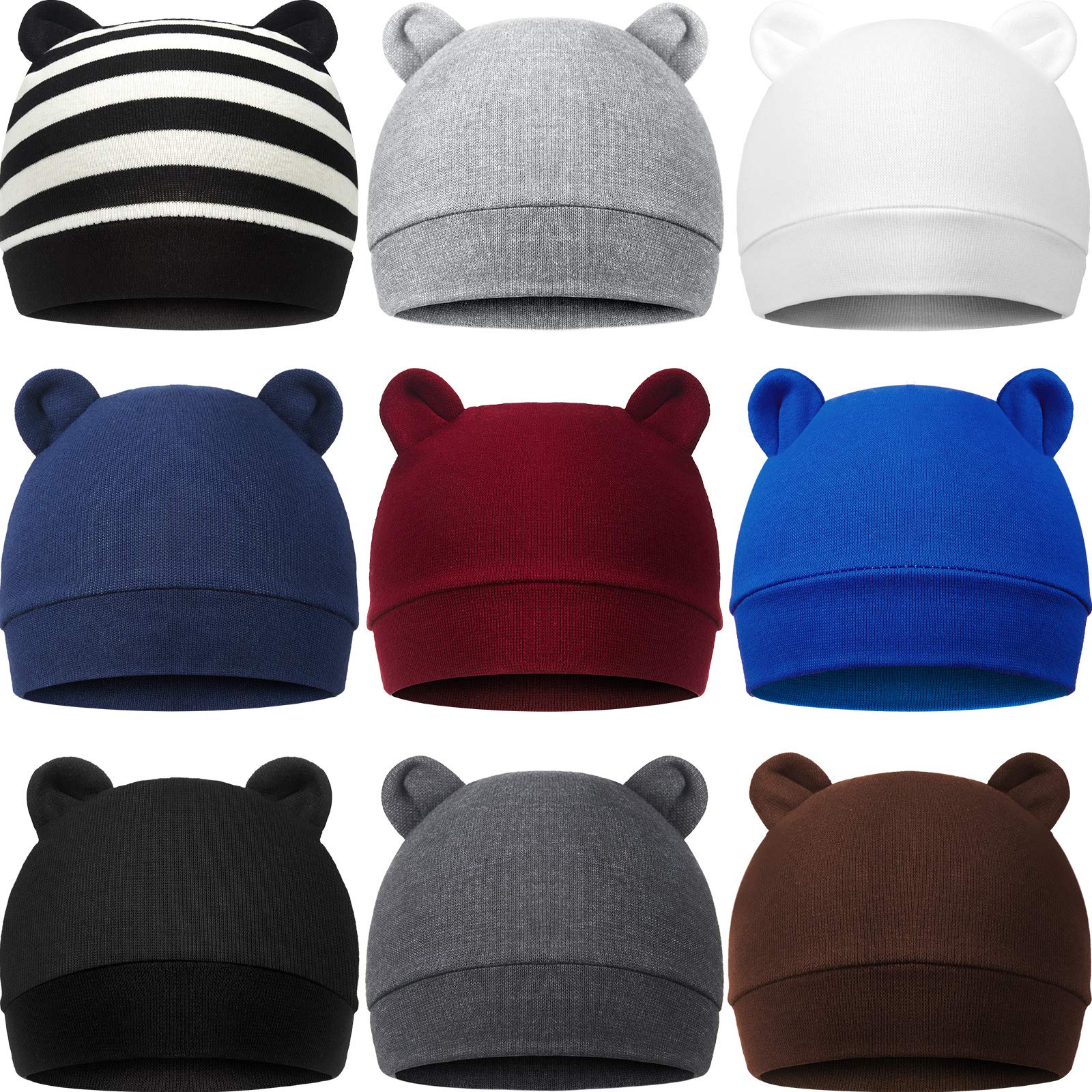 Geyoga 9 Pieces Newborn Baby Hat Bear Ears Infant Caps Baby Boy Girl Toddler Hats Beanie Caps (2 Ears) (Beautiful Colors, 2 Ears)
