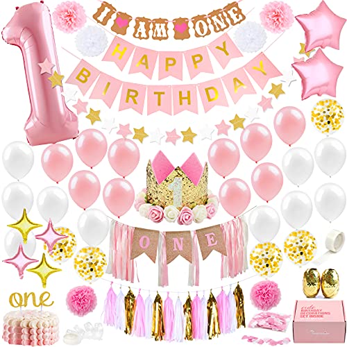 1st Birthday Girl Decorations WITH Birthday Crown- Baby First Birthday Decorations Girl - Pink and Gold Party Supplies - One Balloon, Heart and Confetti Balloons, Happy Birthday Banner ONE Cake Topper