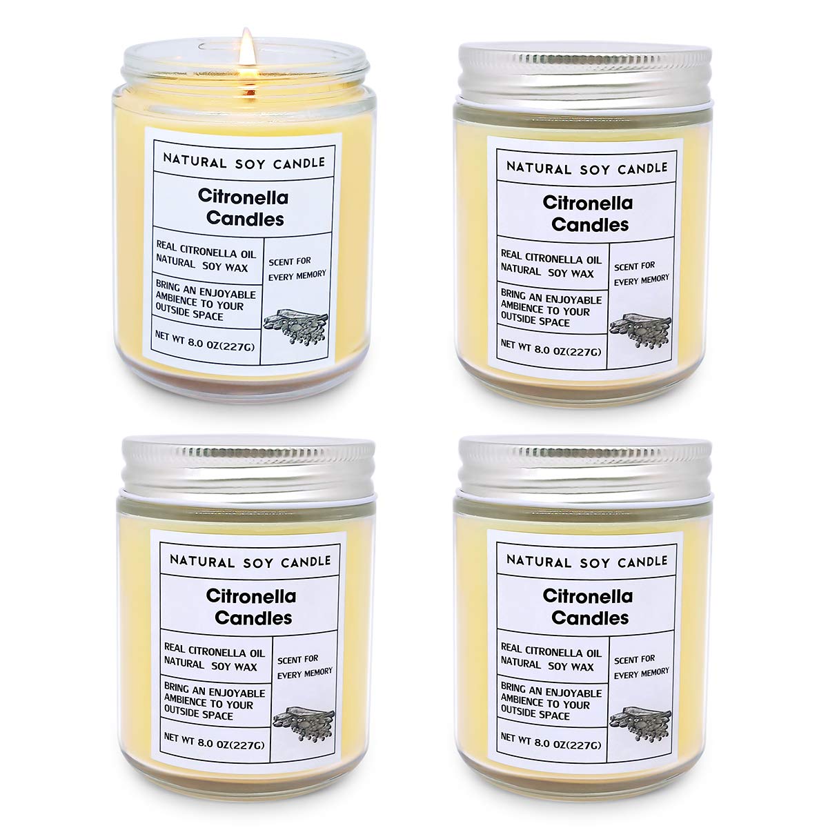 8.0 OZ Citronella Candles Outdoor Indoor, 4 Packs Natural Soy Wax Off Fly Candles in Glass Jar, Good for Home Patio Yard Garden