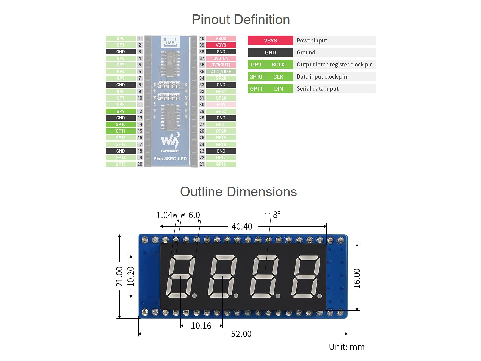 waveshare 4-Digit 8-Segment Display Module for Raspberry Pi Pico Embedded 74HC595 Driver SPI-Compatible Comes with Raspberry Pi Pico C/C++ and MicroPython Demo
