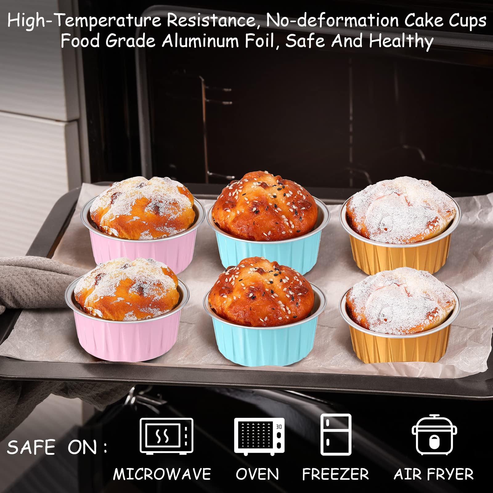 150 Pcs Cupcake Liners with Lids 5 oz Aluminum Foil Cupcake Baking Cups Disposable Ramekins Muffin Cups Mini Aluminum Pans with Lids Cupcake Holder for Creme Brulee or Cupcake(Gold Silver Pink Blue)
