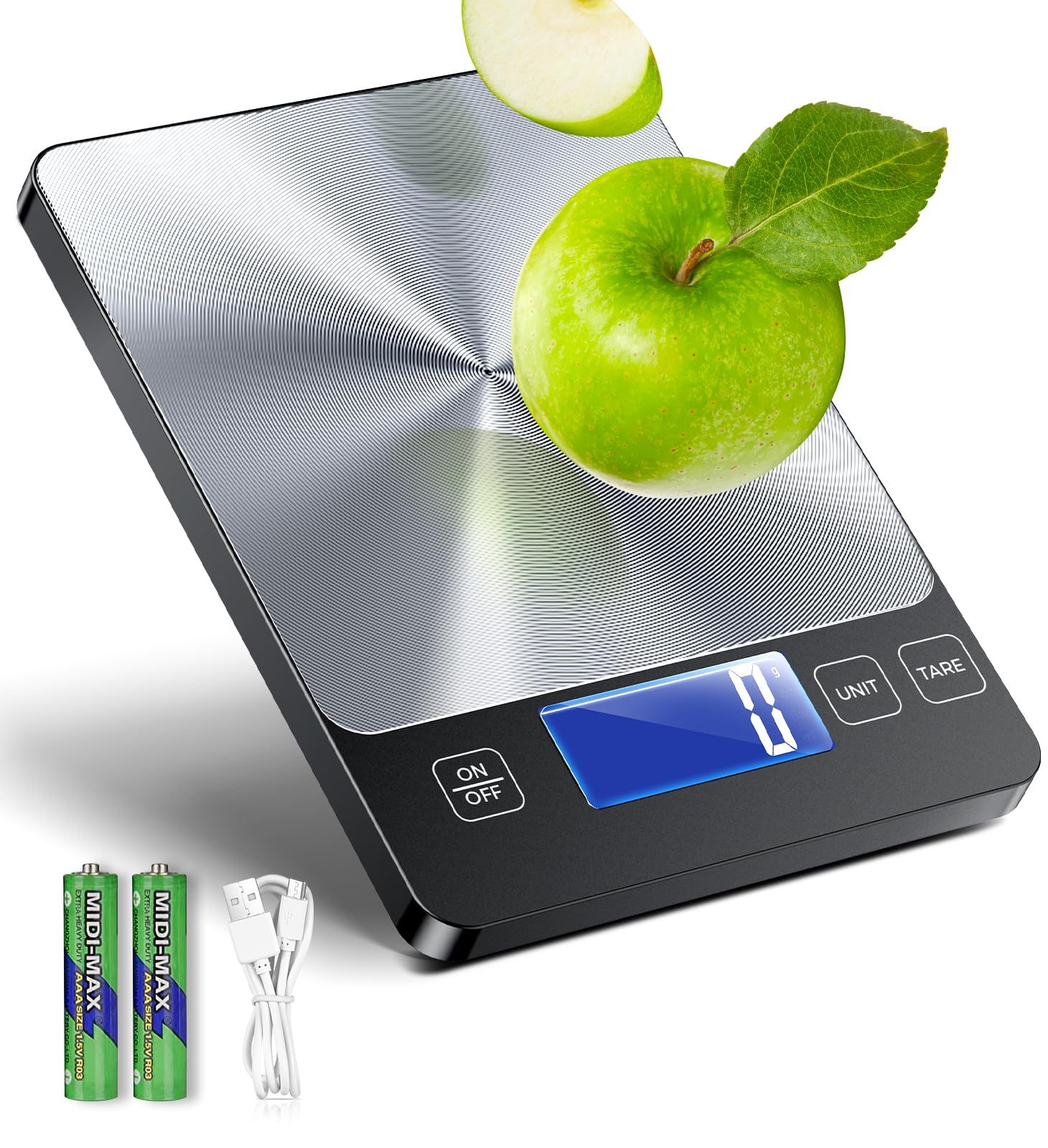 2 in 1 Digital Kitchen Scale for Meal Prep【Dual Power Mode, 33lb Load-Bearing】, Scale for Food Ounces and Grams, CD-Grain Design, Stainless Steel, Easy to Clean-BOSINTY