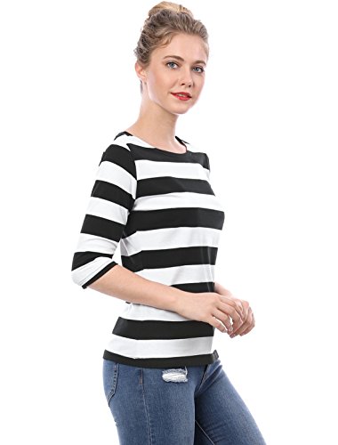 Allegra K Women's Halloween Elbow Sleeves T-Shirt Top Casual Basic Boat Neck Slim Fit Tee Medium Black White