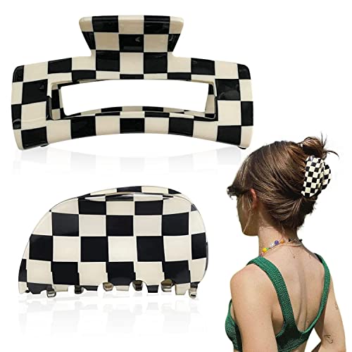 Checkered Hair Clip, Claw Banana Clips for Thick Hair Black White Jaw Clips French Tortoise Shell Grip Pin Teeth y2k Accessories for Women Girls (2Pack)