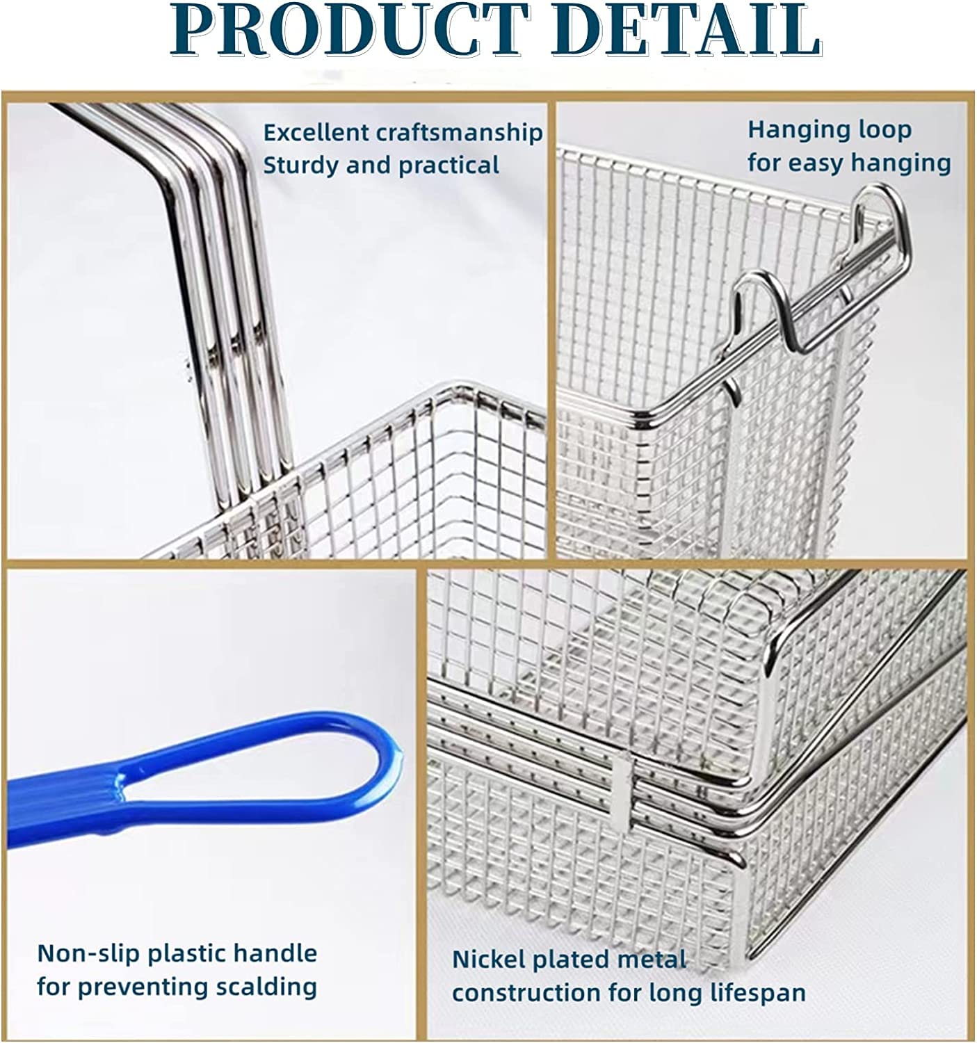 2PCS Deep Fryer Basket Commercial Use, Non-Slip Handle Heavy Duty Nickel Plated Iron Construction Chip Basket, 13 1/4" x 6 1/2" x 6, Restaurant Kitchen Frying Chips Fish Sausages.