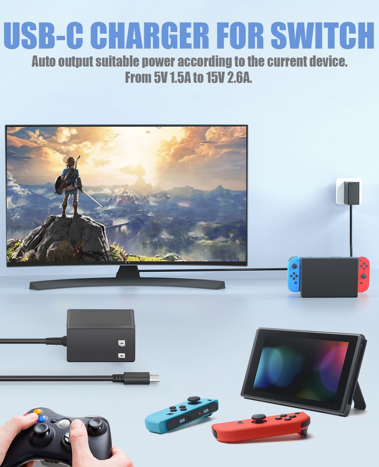 15V 2.6A AC Adapter Replacement for Nin-tendo Switch Game Console Switch Lite, Switch Dock Switch Pro Controller, Wall Charger with 5ft Type C Cable (Support TV Mode/Dock Station)