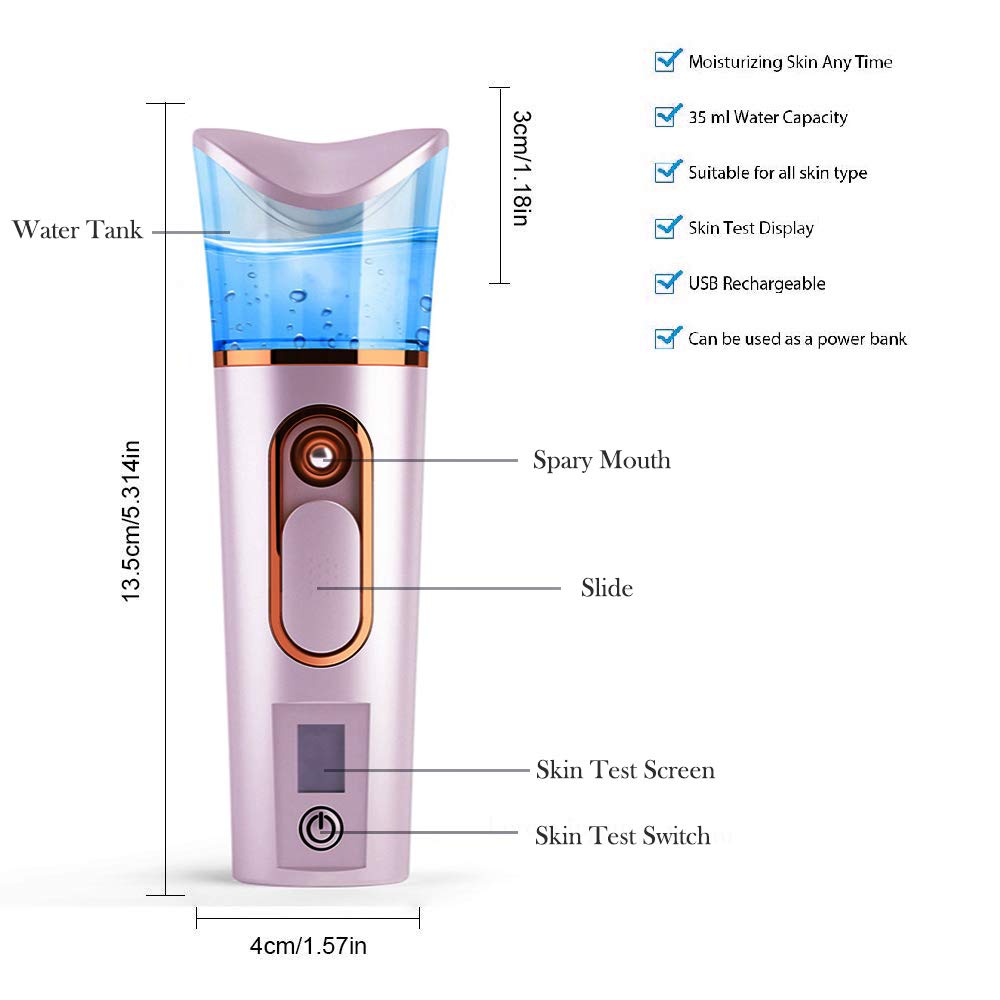 FATUXZ Handy Nano Facial Mister with Skin Analyzer Moisture Tester, Portable Nano Mist Sprayer Atomization Eyelash Extensions Steamer Mister,Mini Cool with Large Capacity,Face Moisturizing