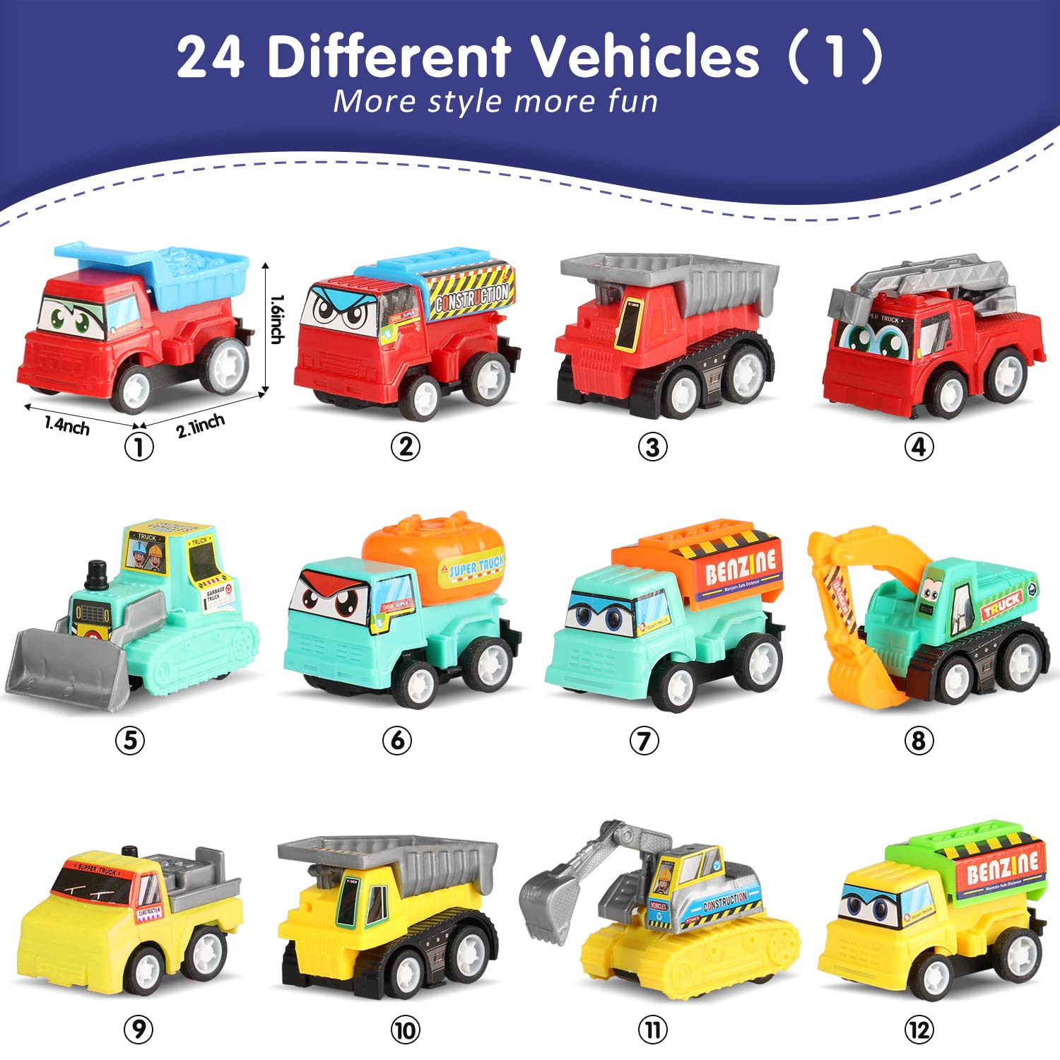 24 Pack Colorful Easter Eggs with Pull-Back Construction Vehicles Inside, Easter Basket Stuffers for Kids Teens Toddler, Construction Vehicles Easter Gifts