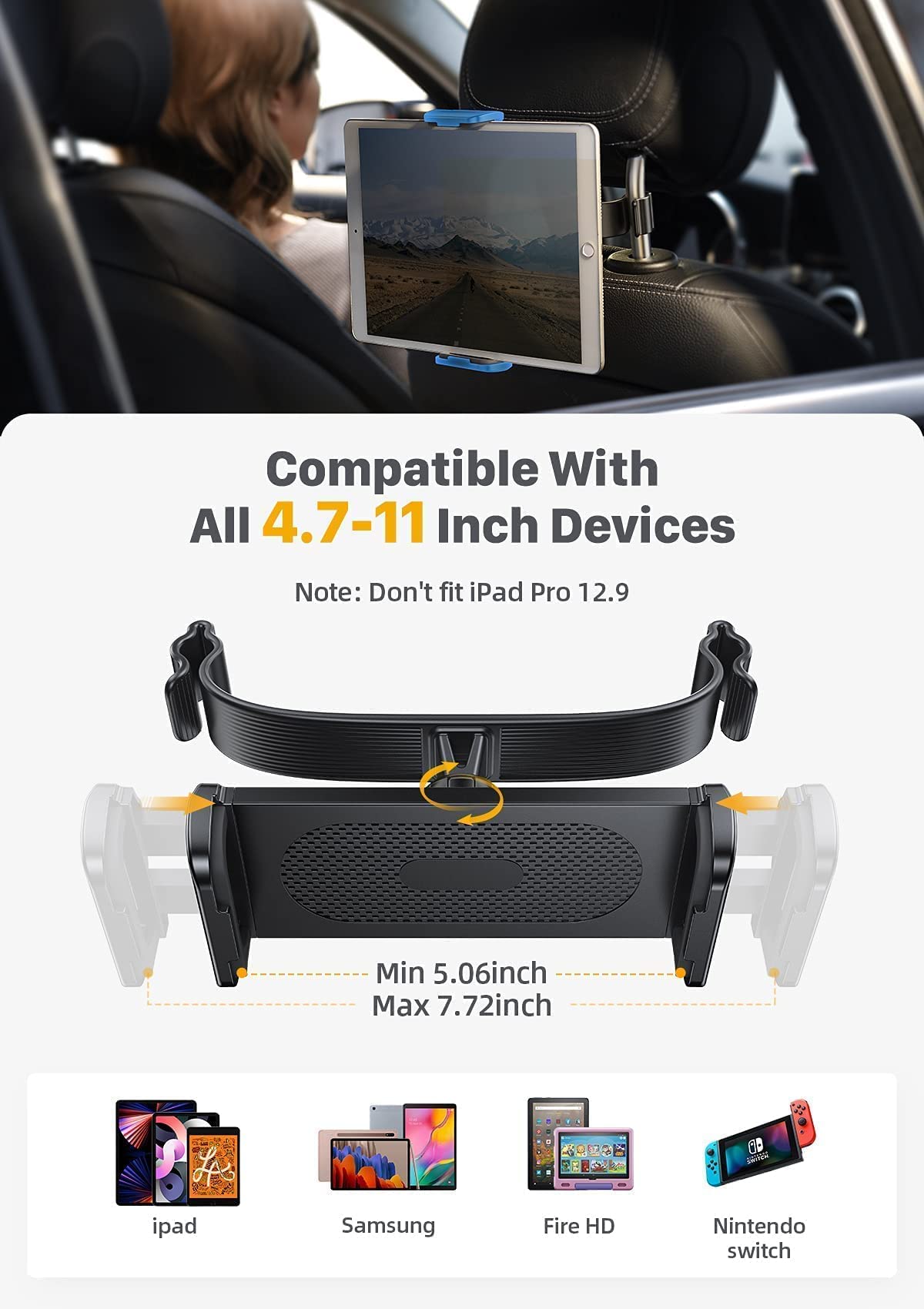 LISEN Car Headrest Tablet Mount, 360 Rotatable, Easy Installation, 2X Stable Car Bracket, Compatible with 4.7-11" Devices