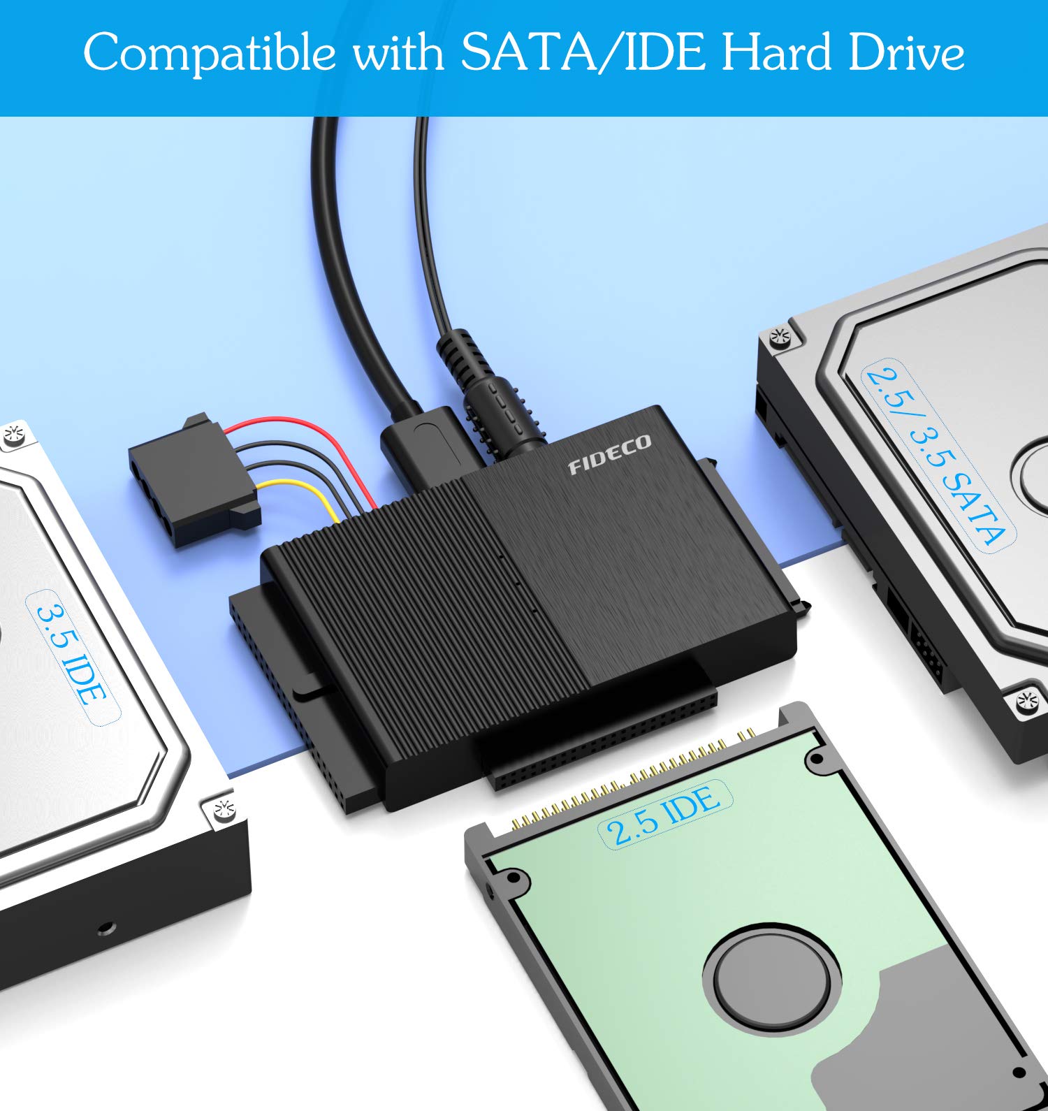 FIDECO USB 3.0 to SATA or IDE Adapter, Hard Drive Adapter Cable Universal for 2.5/3.5 inch SATA HDD/SSD & IDE HDD with 12V Power Adapter